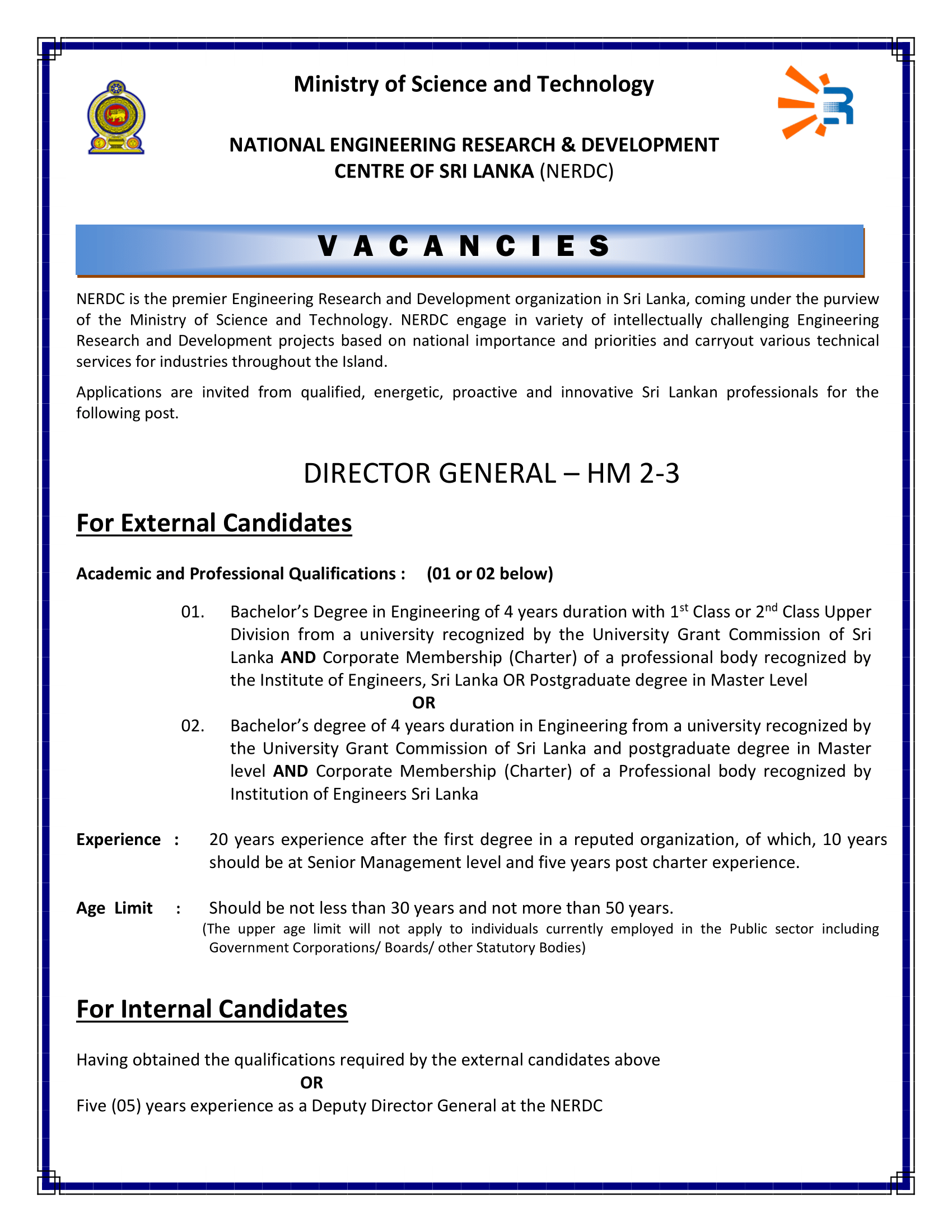 Vacancy - Director General, NATIONAL ENGINEERING RESEARCH & DEVELOPMENT CENTRE OF SRI LANKA ...